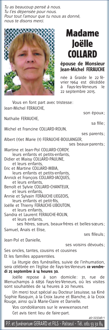 Décès de Madame Joëlle COLLARD (22-09-15), Annonce nécrologique