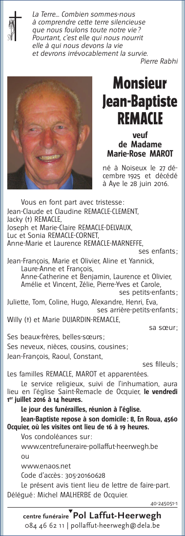 Décès de Monsieur Jean-Baptiste REMACLE (28-06-16), Annonce nécrologique