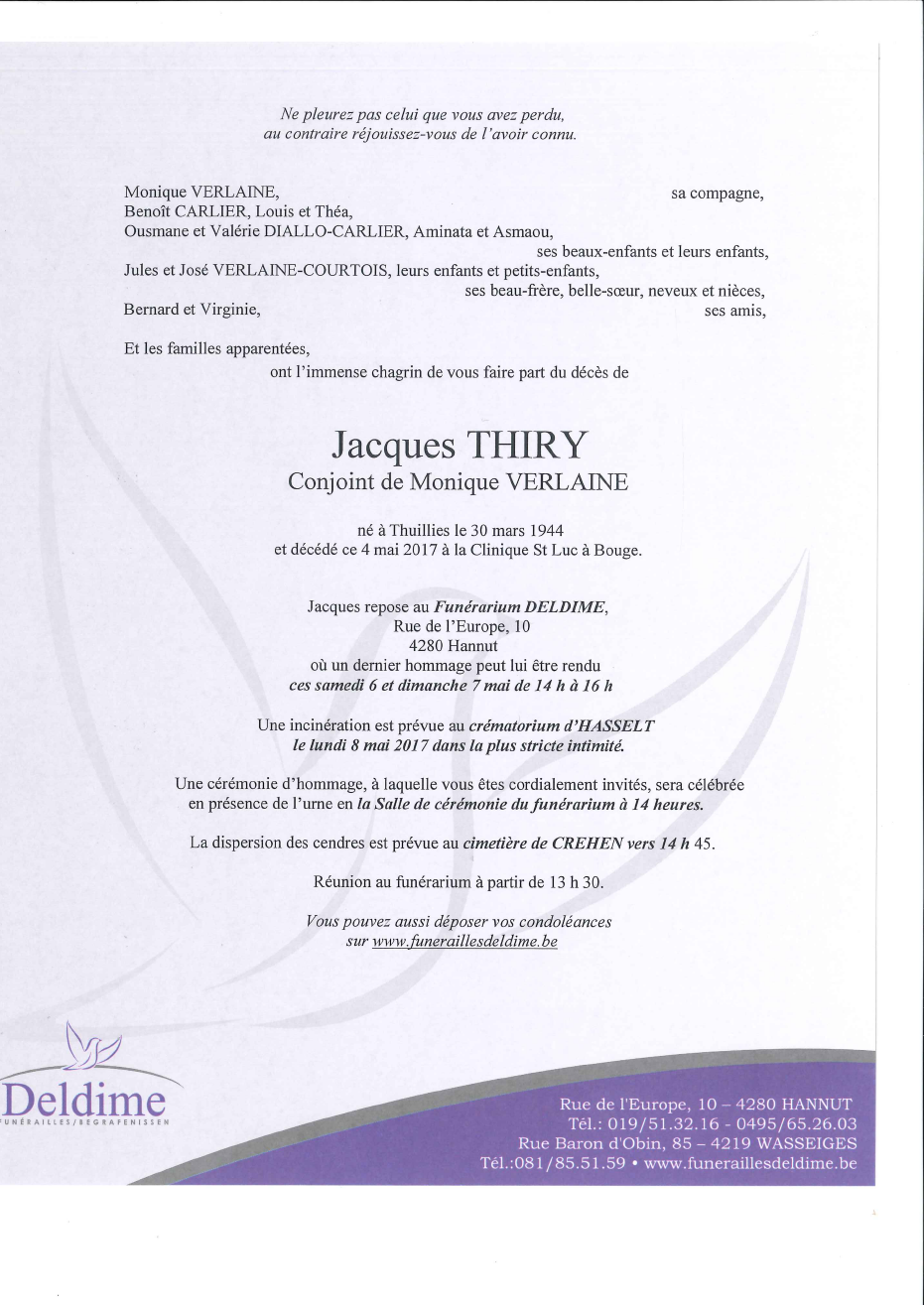 Décès de Monsieur Jacques THIRY (04-05-17), Annonce nécrologique