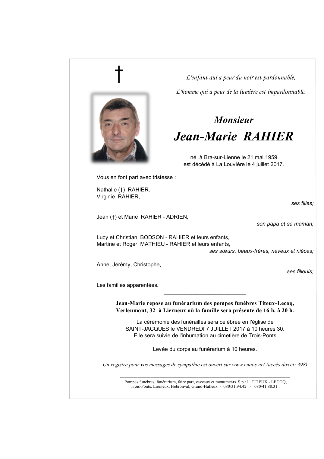 Décès de Monsieur Jean-Marie RAHIER (04-07-17), Annonce nécrologique