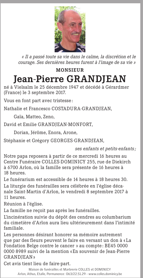 Décès de Monsieur Jean-Pierre GRANDJEAN (03-09-17), Annonce nécrologique
