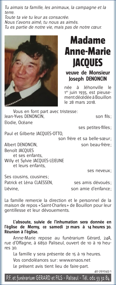 Décès de Madame Anne-Marie JACQUES (28-03-18), Annonce nécrologique