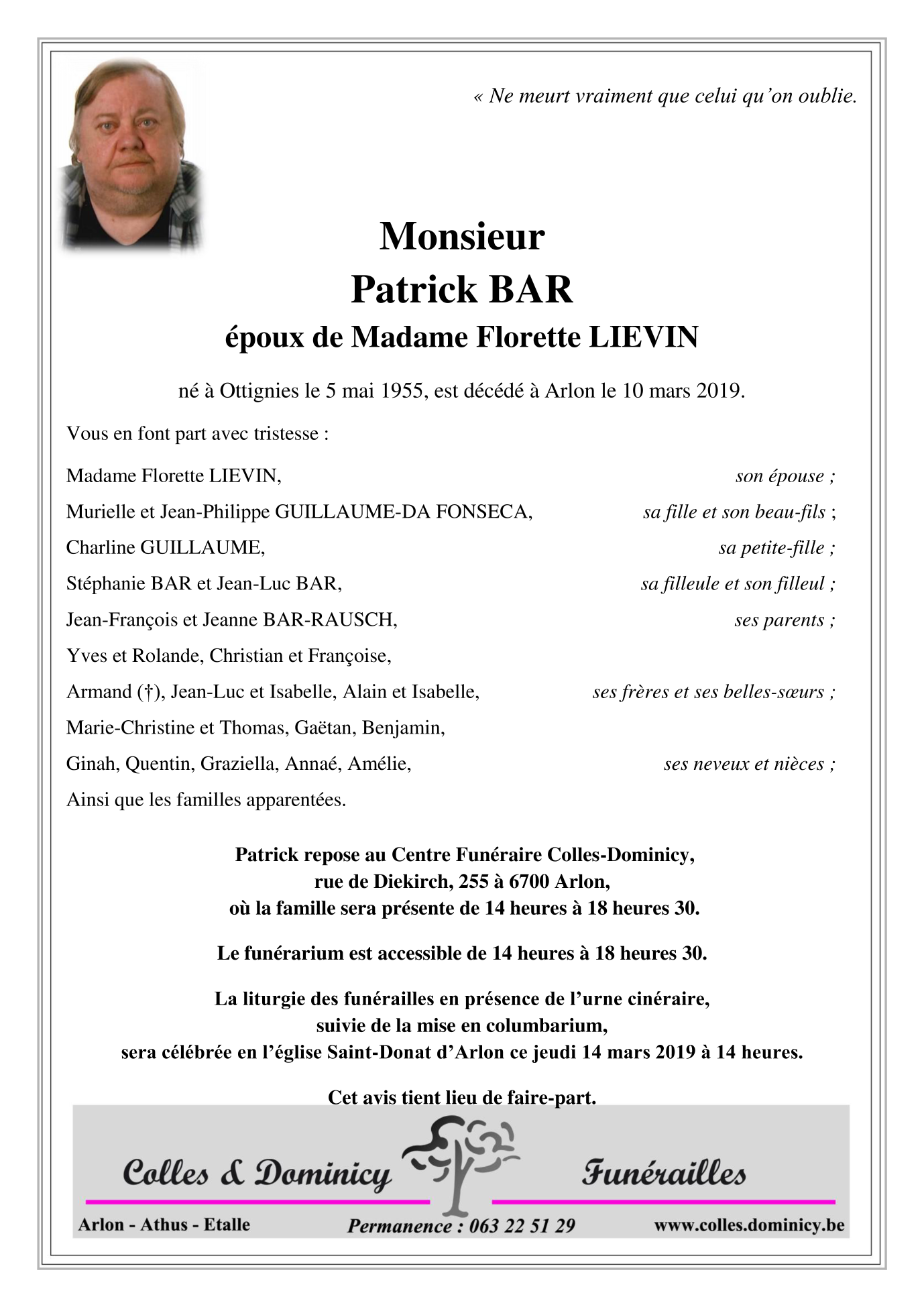 Décès de Monsieur Patrick BAR (10-03-19), Annonce nécrologique