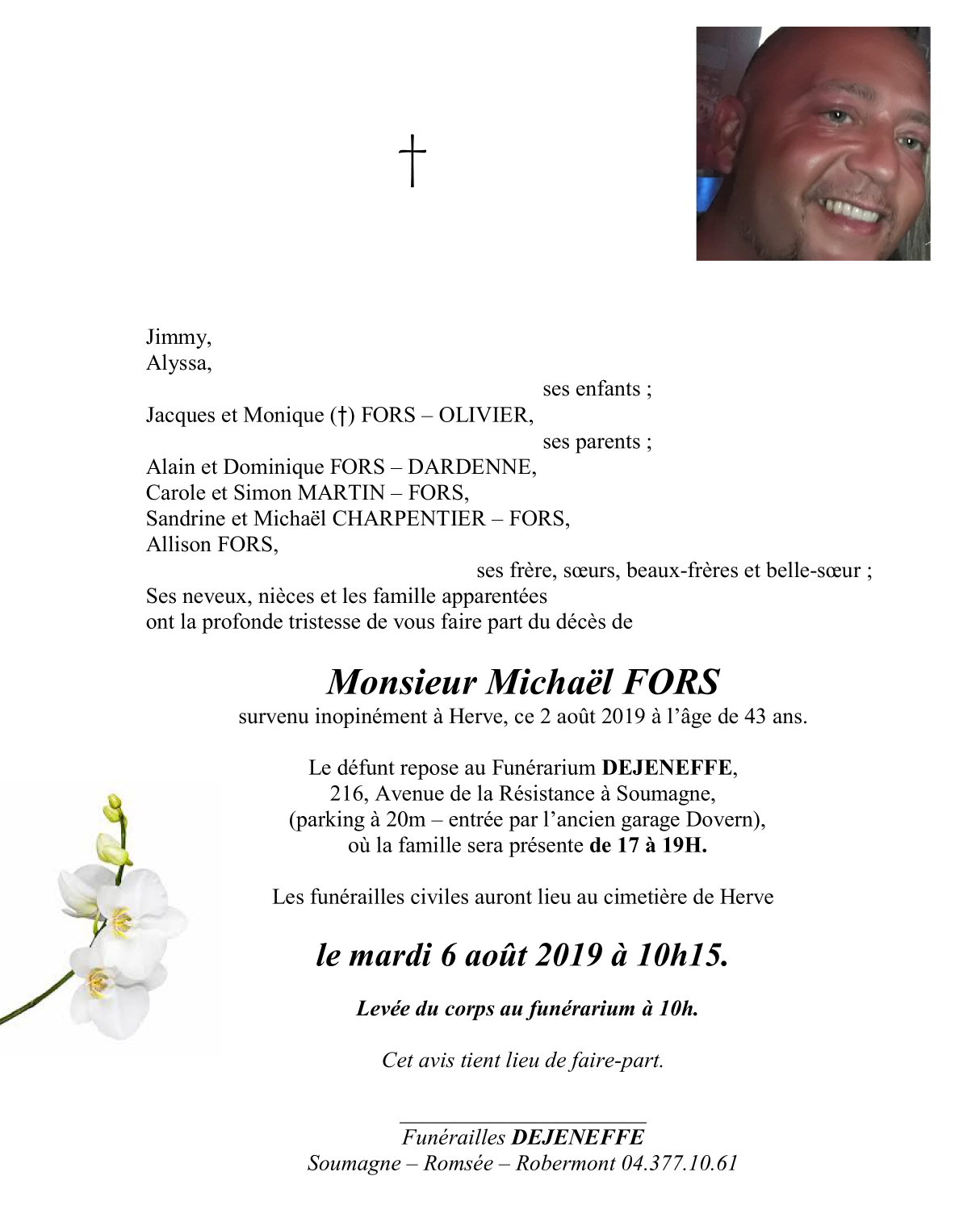 Décès de Monsieur Michaël FORS (02-08-19), Annonce nécrologique