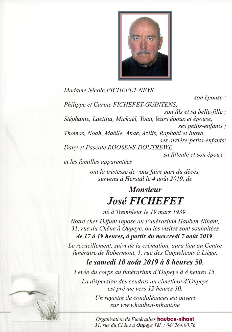 Décès de Monsieur José FICHEFET (04-08-19), Annonce nécrologique