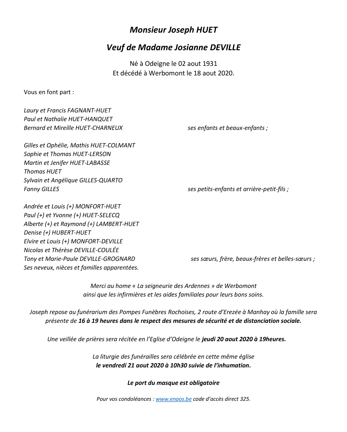 Décès de Monsieur Joseph HUET (18-08-20), Annonce nécrologique