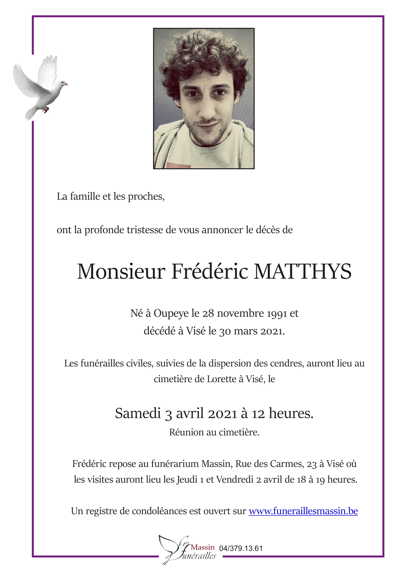 Décès de Monsieur Frédéric MATTHYS (30-03-21), Annonce nécrologique