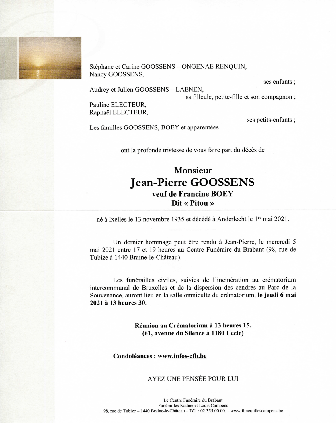 Décès de Monsieur Jean Pierre GOOSSENS (01-05-21), Annonce nécrologique