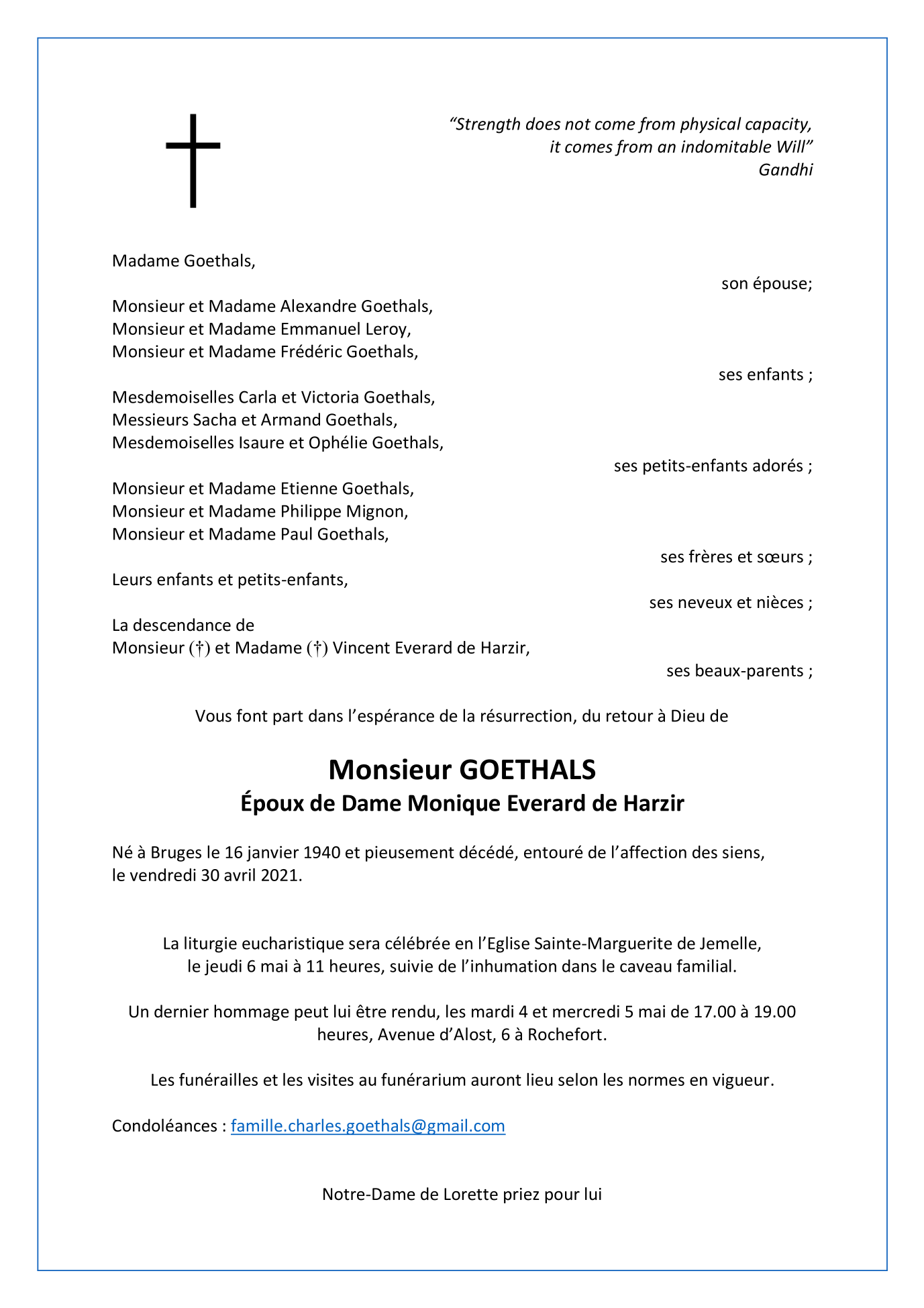 Décès de Monsieur Charles GOETHALS (01-05-21), Annonce nécrologique