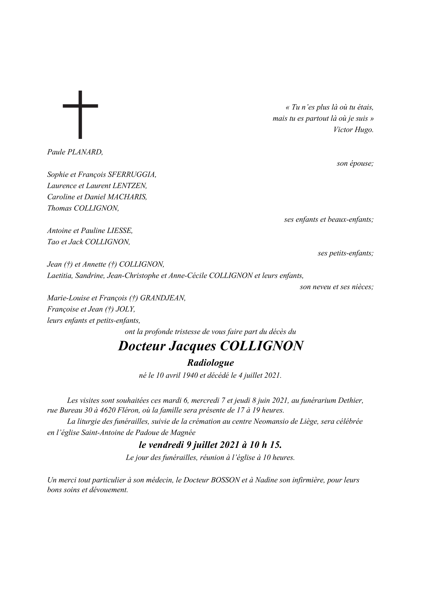 Décès de Monsieur Jacques COLLIGNON (04-07-21), Annonce nécrologique