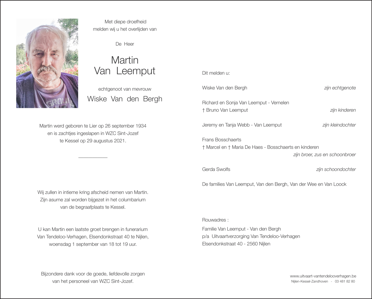 Décès de Martin Van Leemput (29-08-21), Overlijdensbericht