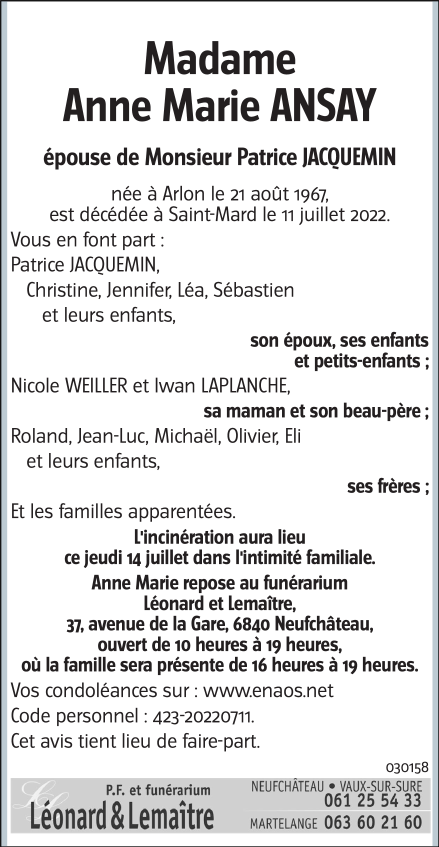 Décès de Madame Anne Marie ANSAY (11-07-22), Annonce nécrologique