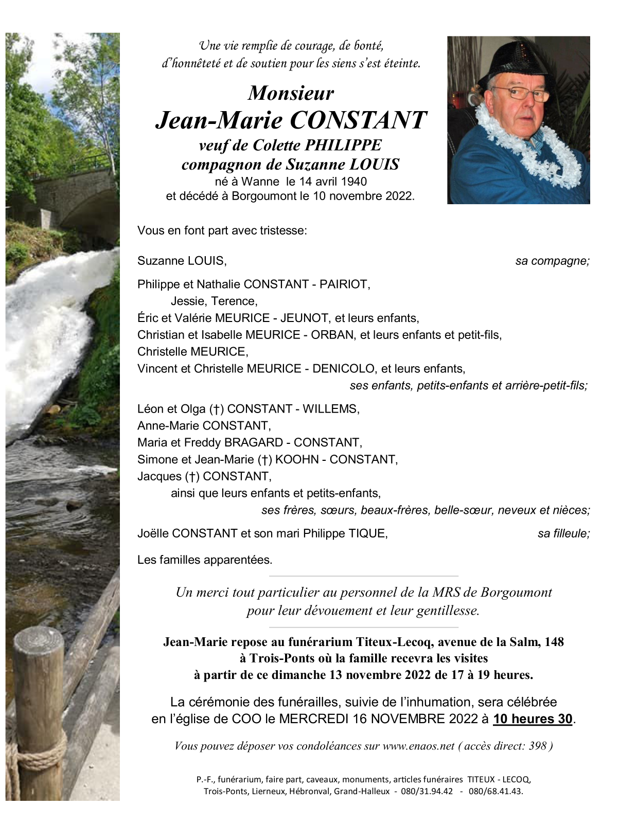 Décès de Monsieur Jean-Marie CONSTANT (10-11-22), Annonce nécrologique