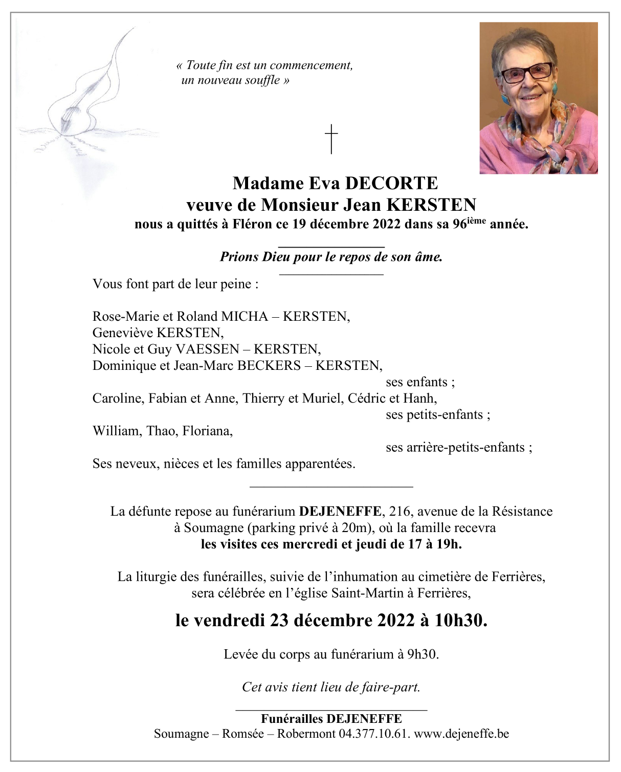 Décès de Madame Eva KERSTEN - DECORTE (19-12-22), Annonce nécrologique