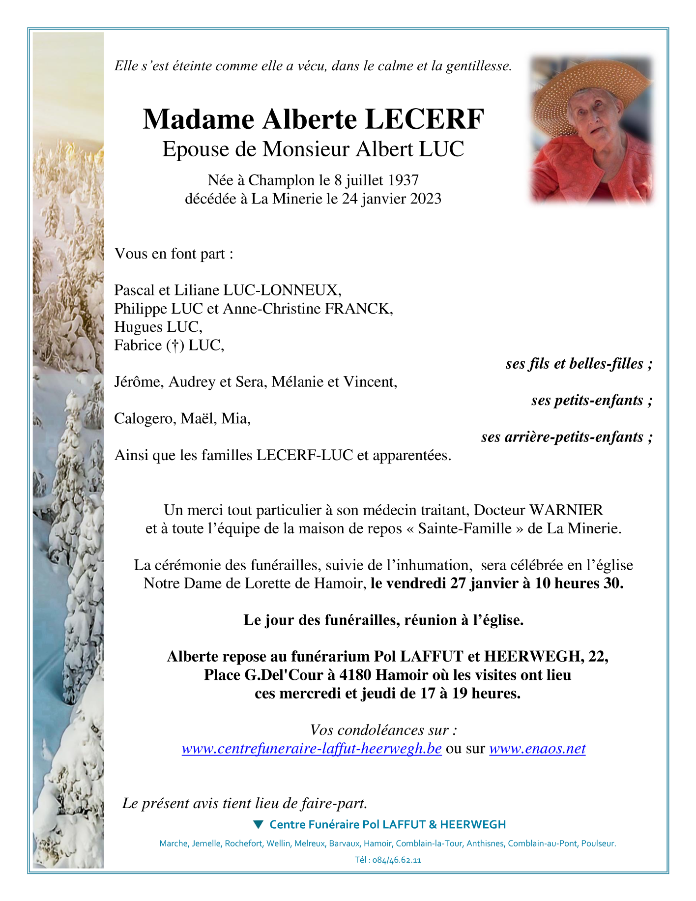 Décès de Madame Alberte LECERF (24-01-23), Annonce nécrologique