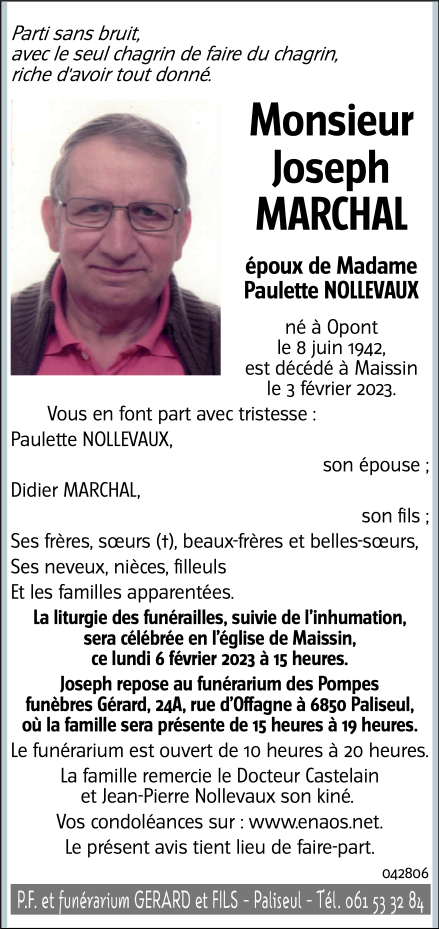 Décès de Monsieur Joseph MARCHAL (03-02-23), Annonce nécrologique