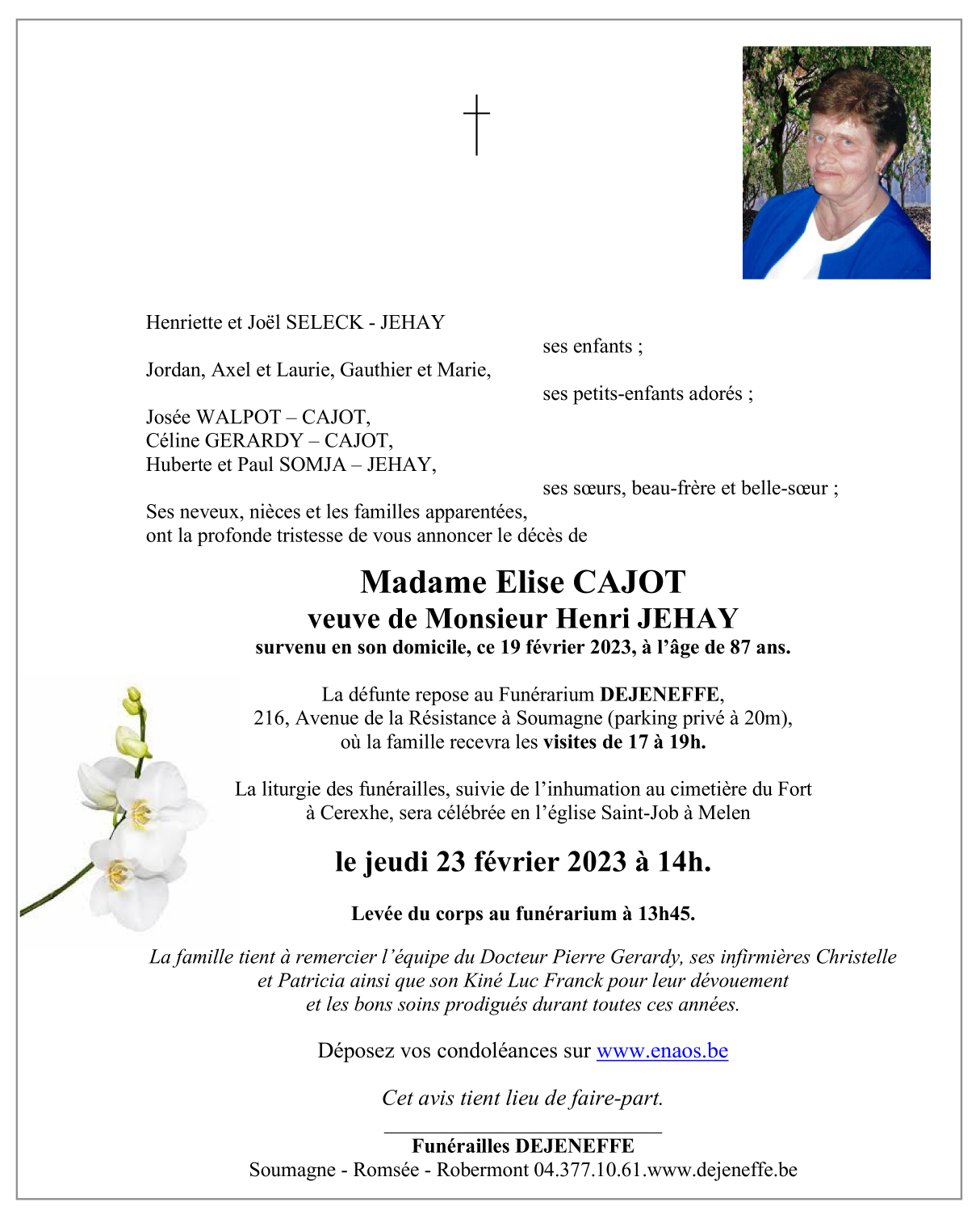 Décès de Madame Elise JEHAY - CAJOT (19-02-23), Annonce nécrologique