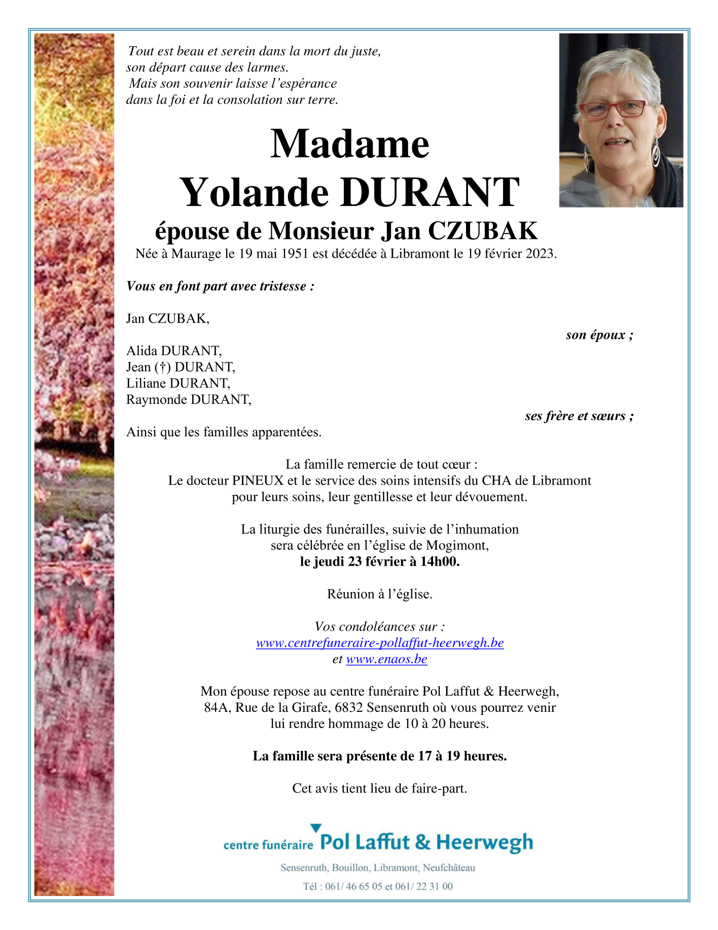 Décès de Madame Yolande DURANT (19-02-23), Annonce nécrologique