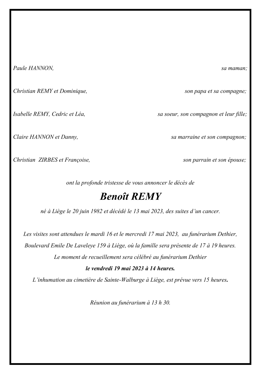 Décès de Monsieur Benoît REMY (13-05-23), Annonce nécrologique