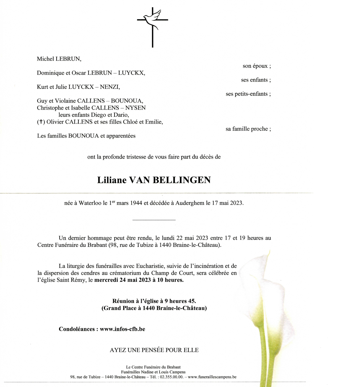Décès de Madame Liliane VAN BELLINGEN (17-05-23), Annonce nécrologique