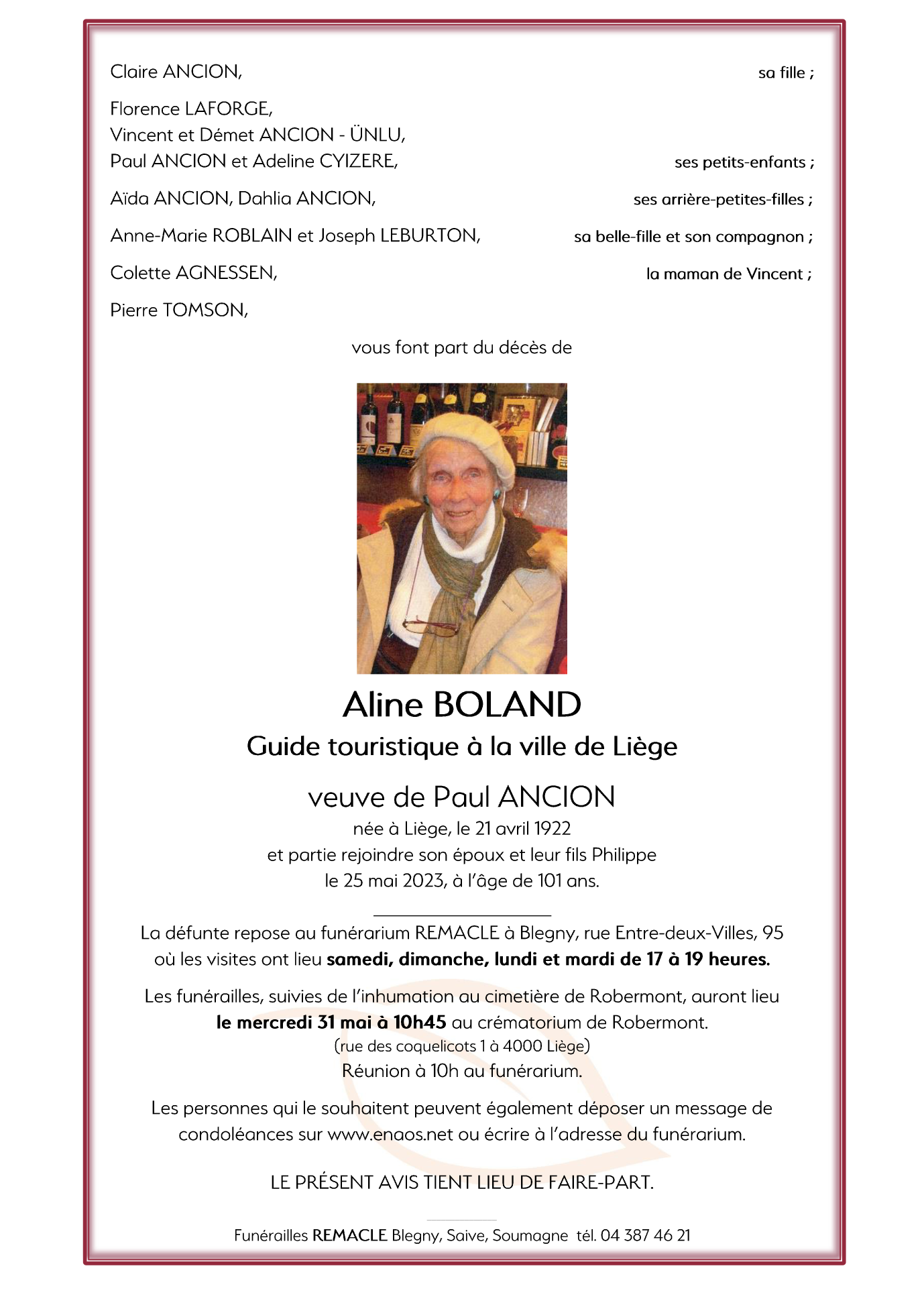 Décès de Madame Aline BOLAND (25-05-23), Annonce nécrologique