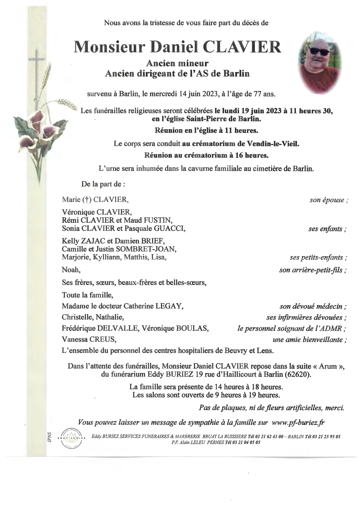 Décès de Monsieur Daniel André Michel CLAVIER (14-06-23), Annonce ...
