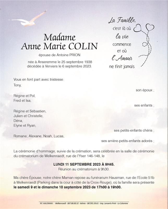 Décès de Madame Anne-Marie COLIN (06-09-23), Annonce nécrologique