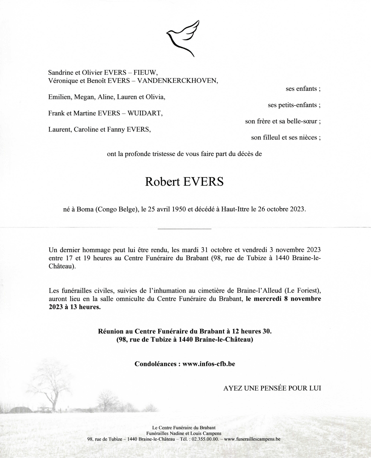 Décès de Monsieur Robert EVERS (26-10-23), Annonce nécrologique