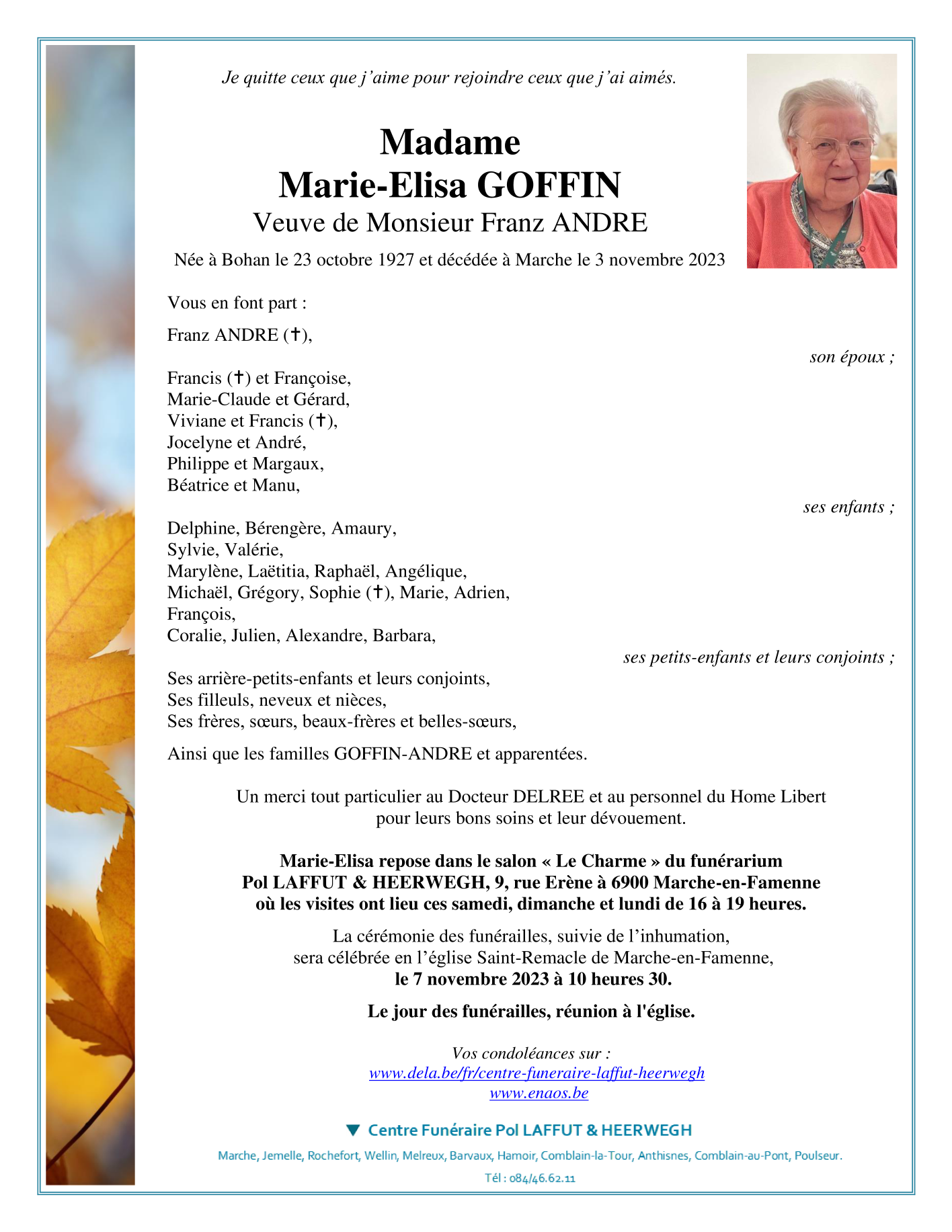 Décès de Madame Marie-Elisa GOFFIN (03-11-23), Annonce nécrologique
