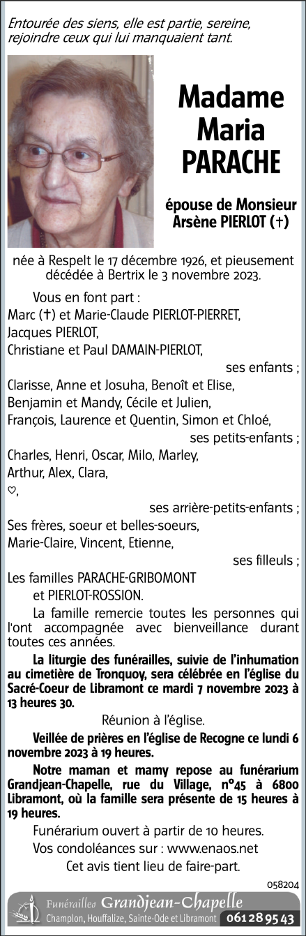 Décès de Madame Maria PARACHE (03-11-23), Annonce nécrologique