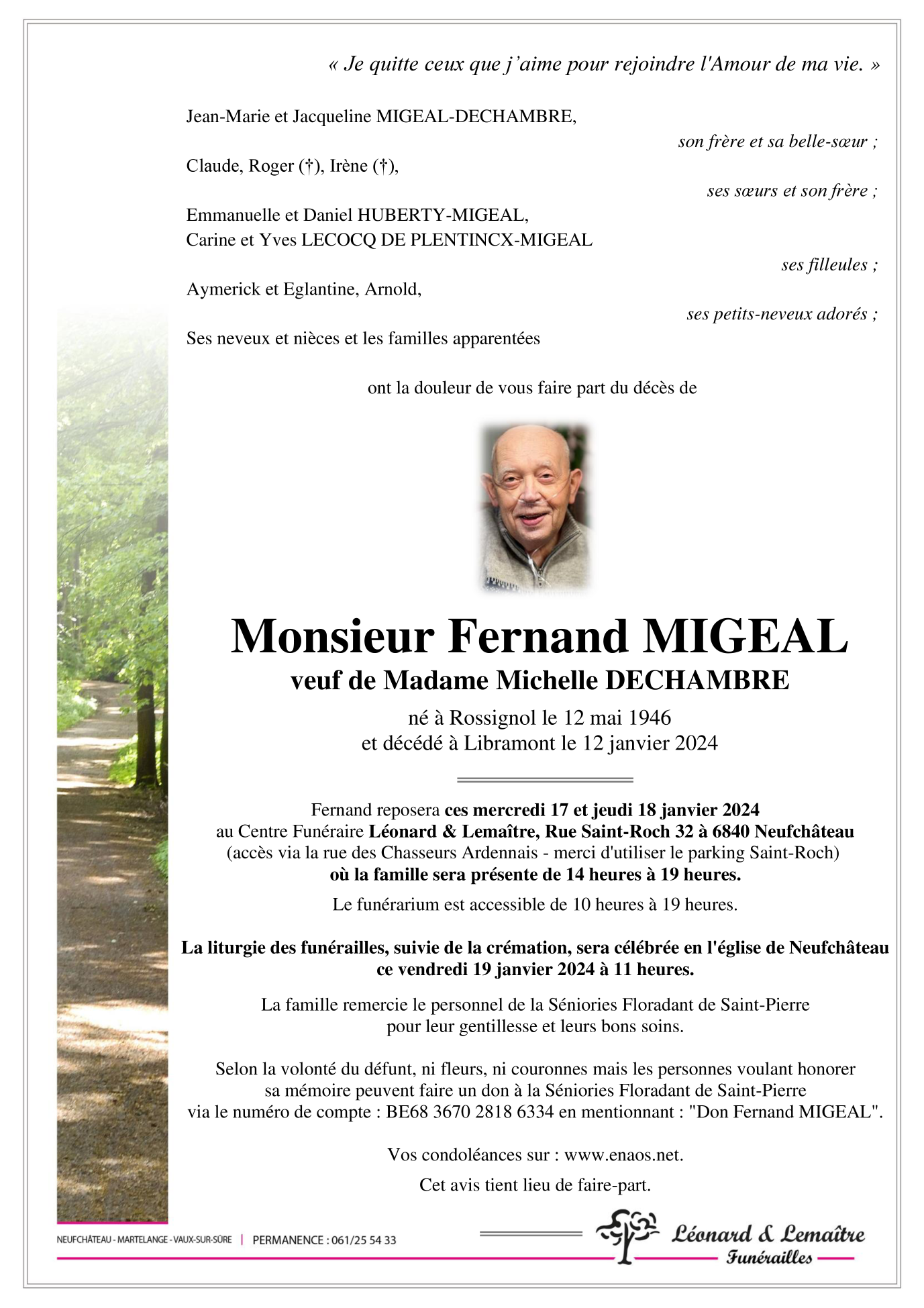 Décès de Monsieur Fernand MIGEAL (12-01-24), Annonce nécrologique