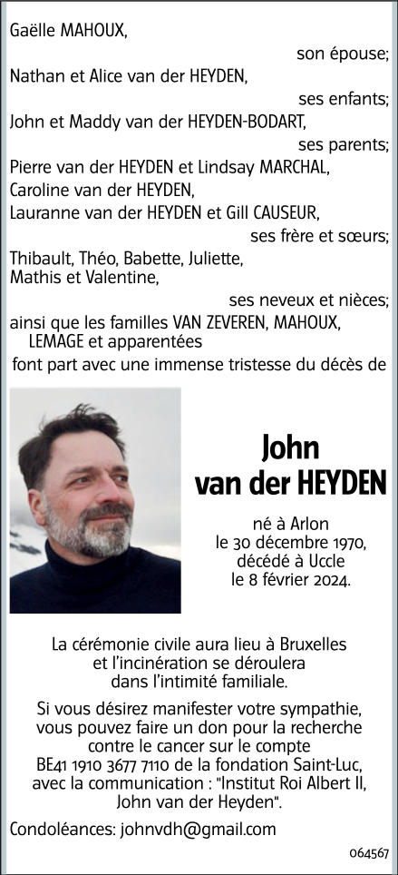 Décès de Monsieur John van der HEYDEN (08-02-24), Annonce nécrologique