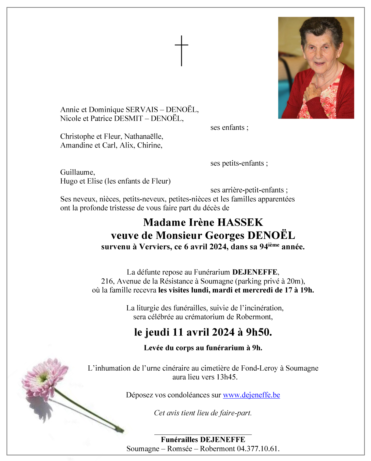 Décès de Madame Irène DENOËL - HASSEK (06-04-24), Annonce nécrologique
