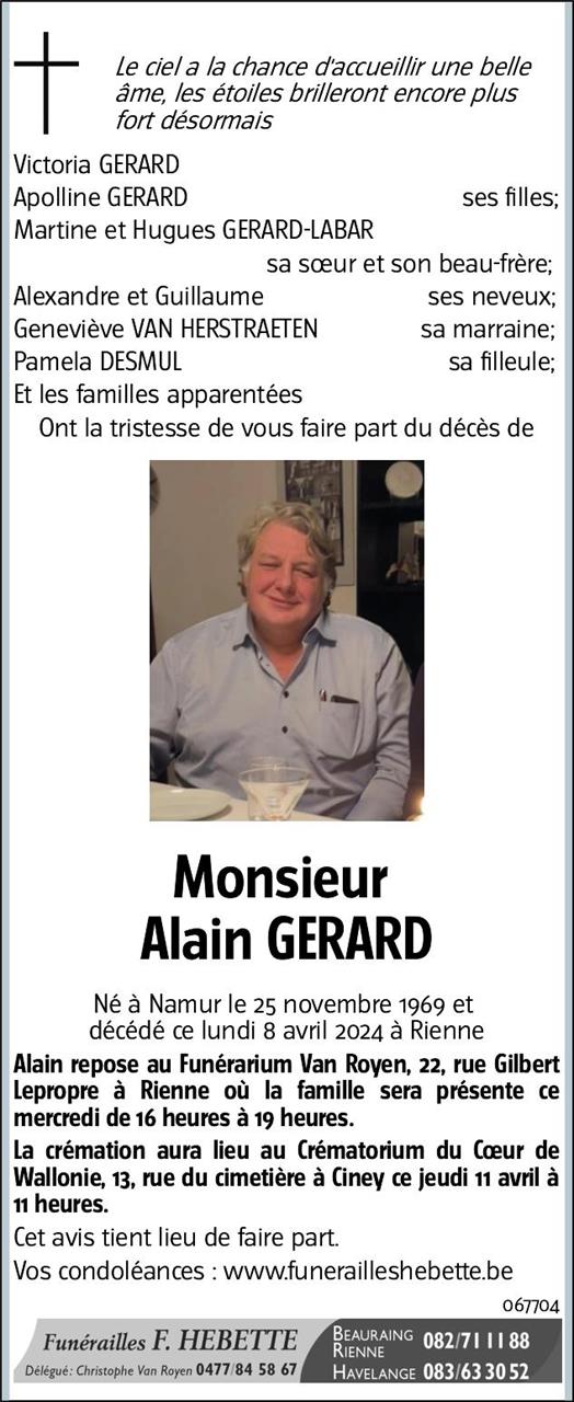 Décès de Monsieur Alain GERARD (08-04-24), Annonce nécrologique