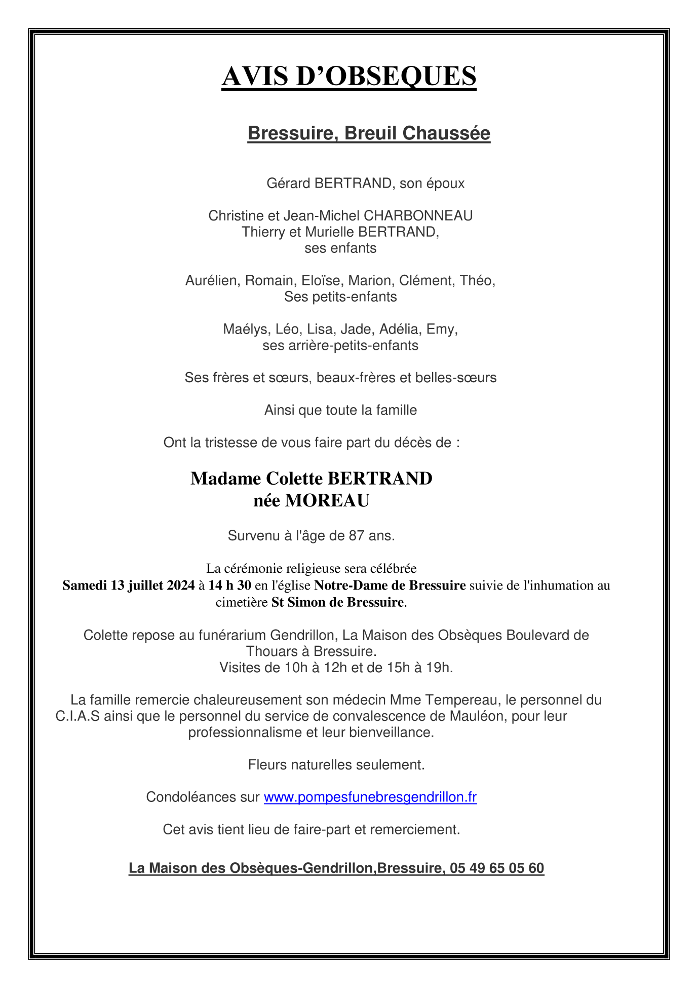 Décès de Madame Colette BERTRAND née MOREAU (10-07-24), Annonce ...