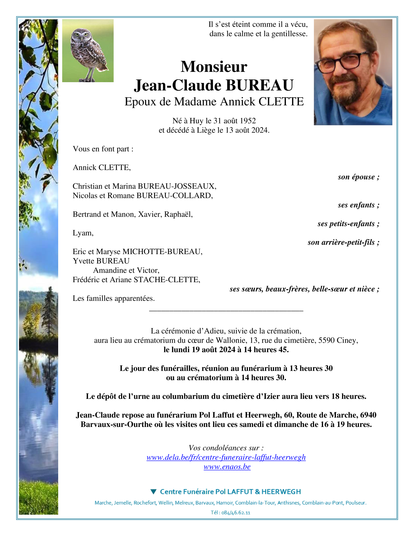 Décès de Monsieur Jean-Claude BUREAU (13-08-24), Annonce nécrologique