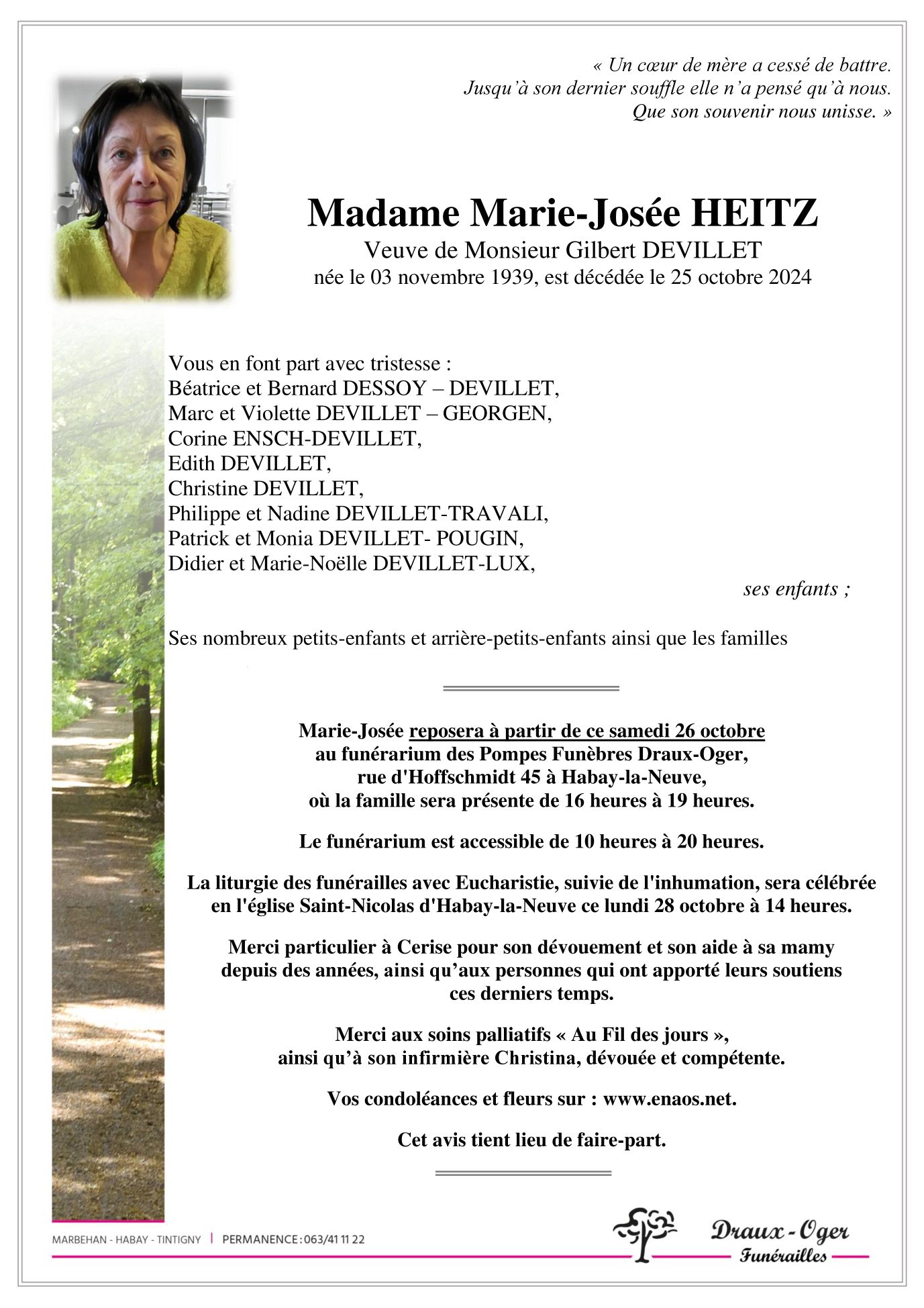 Décès de Madame Marie-Josée HEITZ (25-10-24), Annonce nécrologique