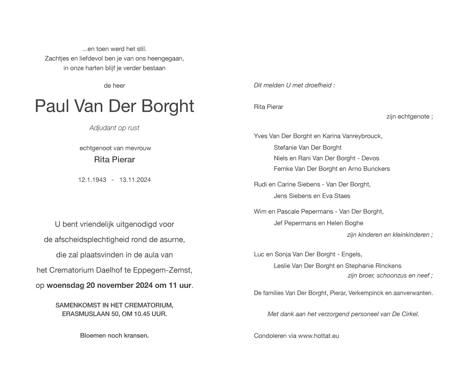 Décès de De heer Paul Van Der Borght (13-11-24), Overlijdensbericht