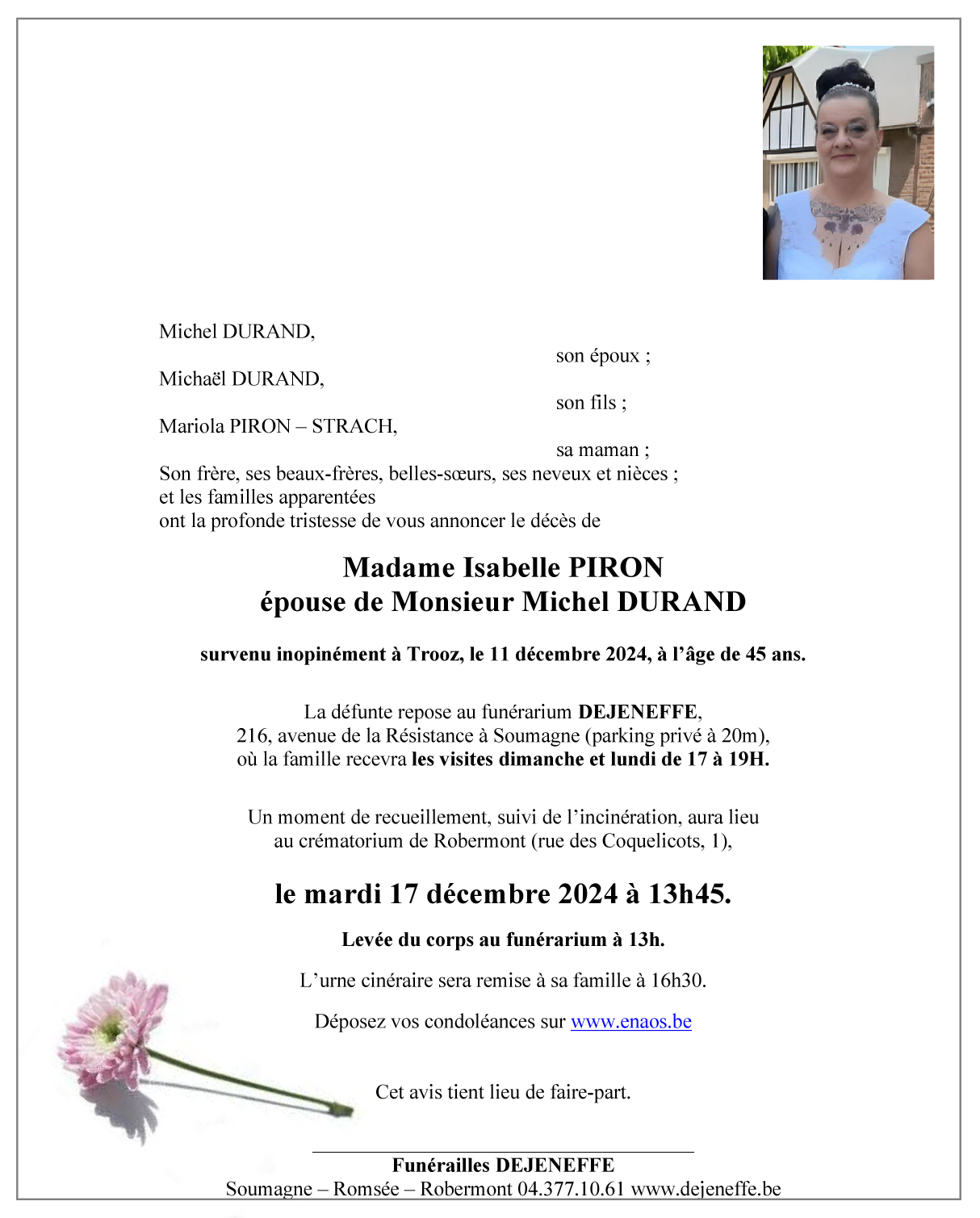 Décès de Madame Isabelle DURAND - PIRON (11-12-24), Annonce nécrologique