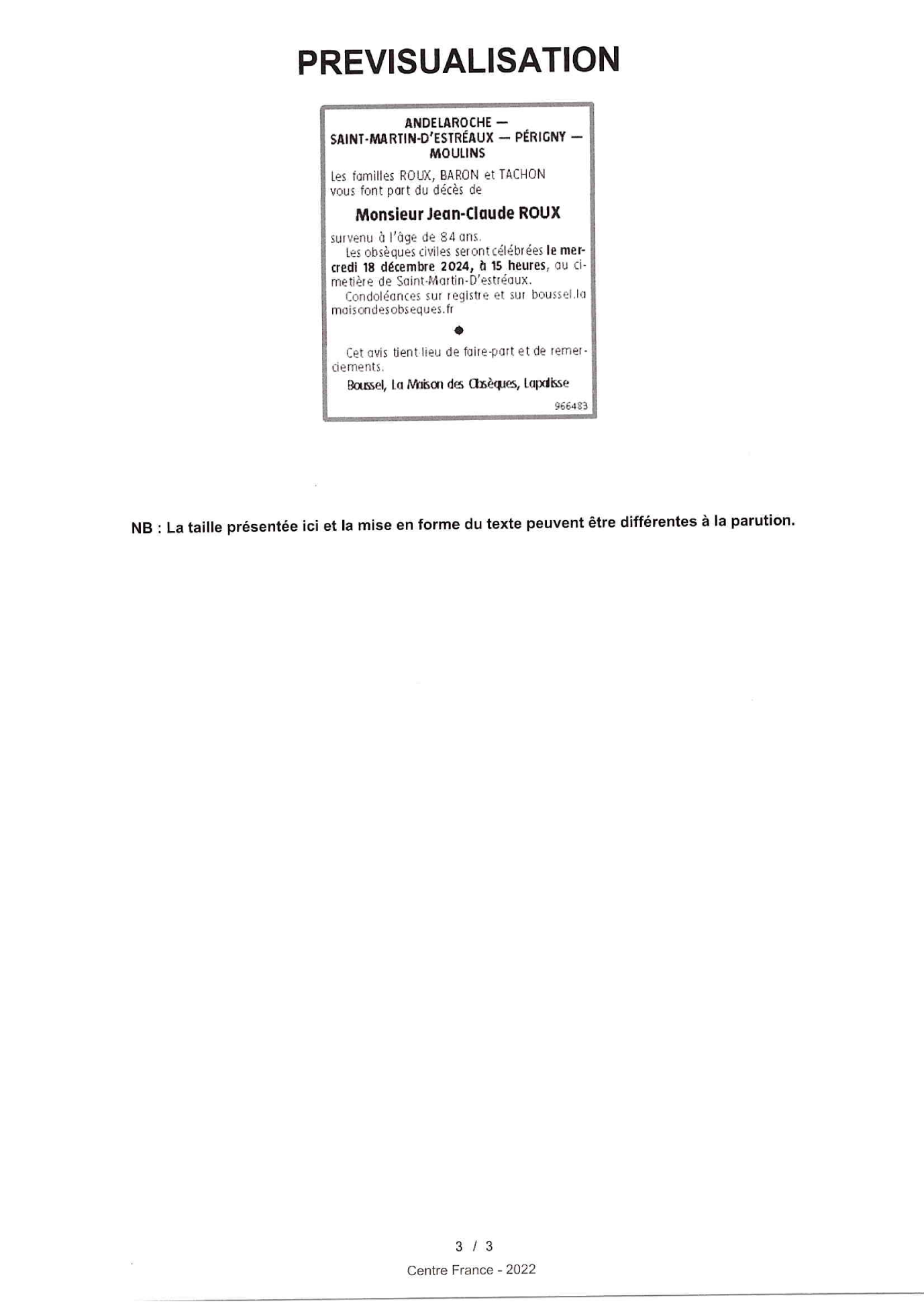 Décès de Monsieur Jean-Claude ROUX (12-12-24), Annonce nécrologique