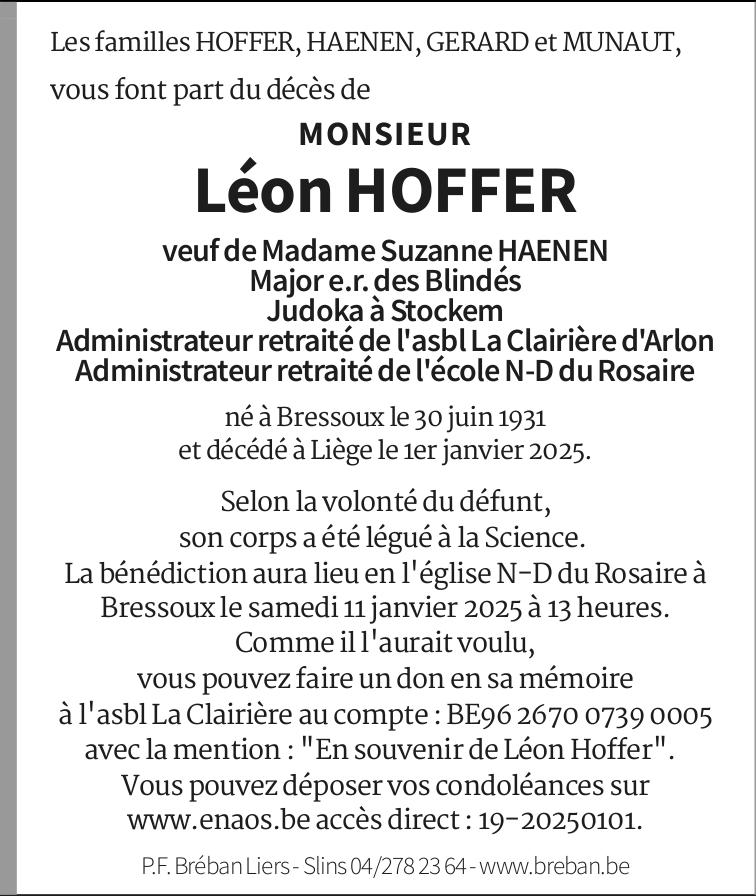 Décès de Monsieur Léon HOFFER veuf de Suzanne HAENEN (01-01-25 ...